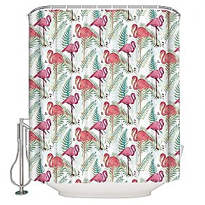 Shower Curtain, Hand-Painted Watercolor Tropical Plants and Flamingos Washable Shower Curtain with Hooks Bath Decor Fabric Shower Curtains for Bathroom, Hotel, Stalls, Bathtubs, 66x72 in