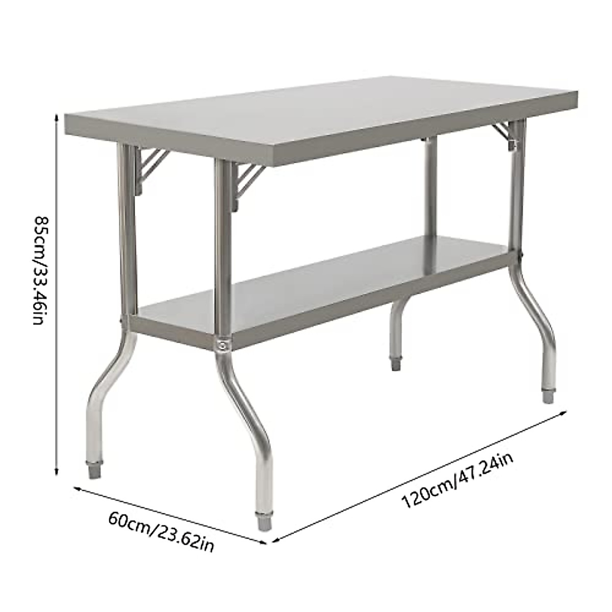 2-Layer Stainless Steel Table Metal Work Table for Kitchen Prep Utility Commercial Worktable Workstation 48 * 24 * 33.5 Inch Folding Commercial Prep Table, Heavy-Duty Stainless Steel Folding Table