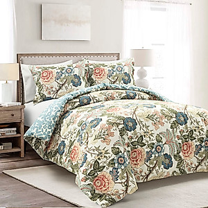 Lush Decor Sydney Reversible 100% Cotton Duvet Cover Set - Charming & Colorful Floral Leaf Design - 3 Piece Botanical Bedding Set With Shams - King, Green & Blue