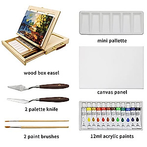 LUCYCAZ Tabletop Easel Set, Easel for Painting Canvases, Portable Wooden Art Easel Painting Kits for Adults Artist Kids, 12 Colors Acrylic Paints, 2 Brushes, Palette and Knives