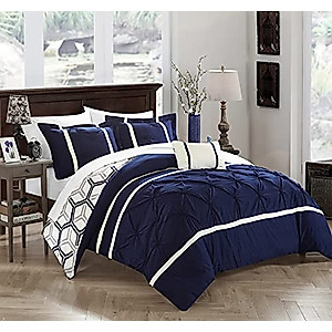 Chic Home Marcia 3 Piece Reversible Comforter Set Super Soft Microfiber Pinch Pleated Ruffled Design with Geometric Patterned Print Bedding with Decorative Pillows Shams, Twin, Navy