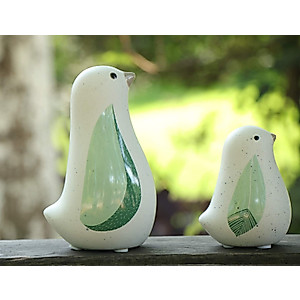 Unique Sitting Birds Figurines with Green Leaf Wings , Animal Statues, Home Garden Décor Tabletop Ornament A (Set of 2)