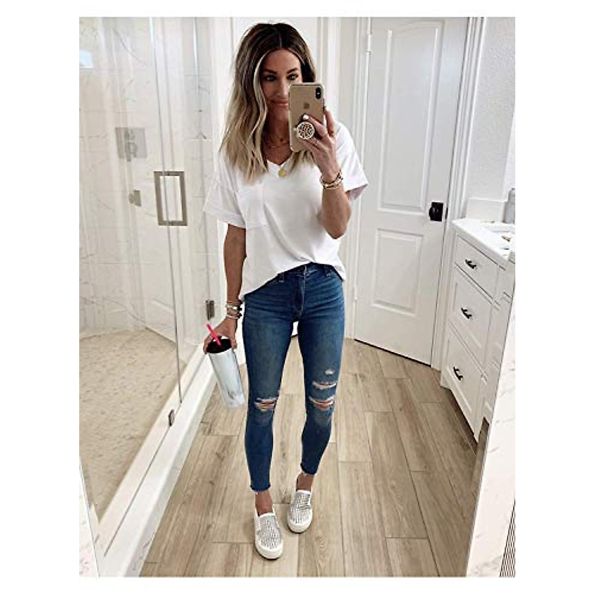 MIHOLL Women's Short Sleeve V-Neck Shirts Loose Casual Tee T-Shirt (White, Large)