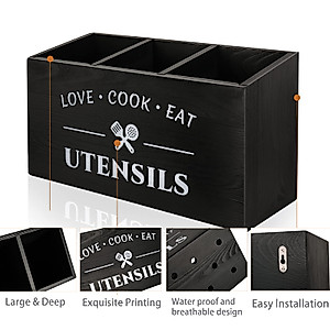 MINCORD Kitchen Utensil Holder with 3 Compartments, Rustic Wooden Utensils Storage Organizer Box Vintage Cutlery Holder, Farmhouse Flatware Utensil Caddy Countertop for Silverware Fork Spoon Spatula