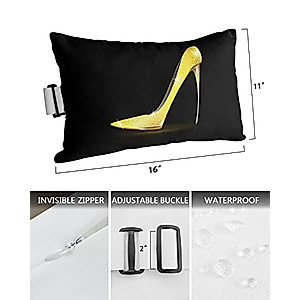 Outdoor Head Pillow for Chaise Lounge Chair,Golden Glowing High Heels Waterproof Throw Pillow with Insert,Lumbar Recliner Pillows for Garden Beach,Women Black Back Patio Pillow with Elastic Strap