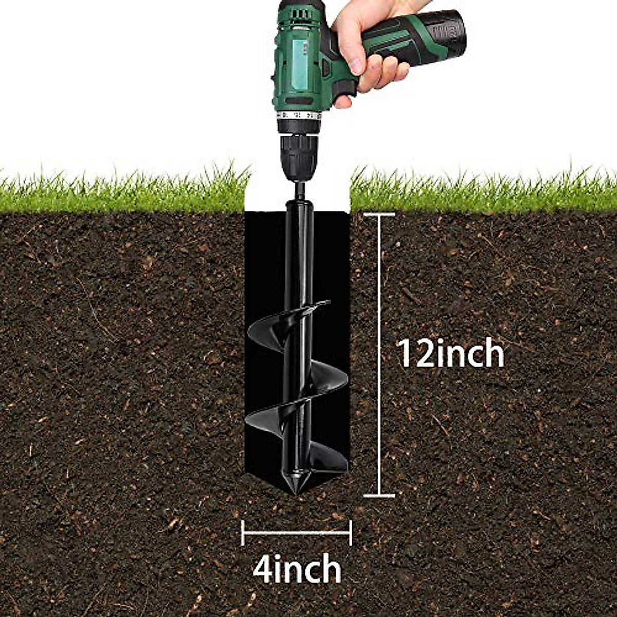 Auger Drill Bit - Garden Plant Flower Bulb Auger, 4" x 12" Easy Planter Garden Auger - Seedlings & Bedding Plant, Umbrella Hole Digger Solid Shaft Auger, Post Hole Digger for 3/8” Hex Drive Drill
