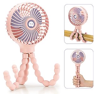 snawowo Mini Handheld Personal Portable Fan, Baby Stroller Fan, Car Seat USB or Battery Powered, with Flexible Tripod Clip on Student Bed Desk Bike Crib Treadmill Camping Traveling(Pink)