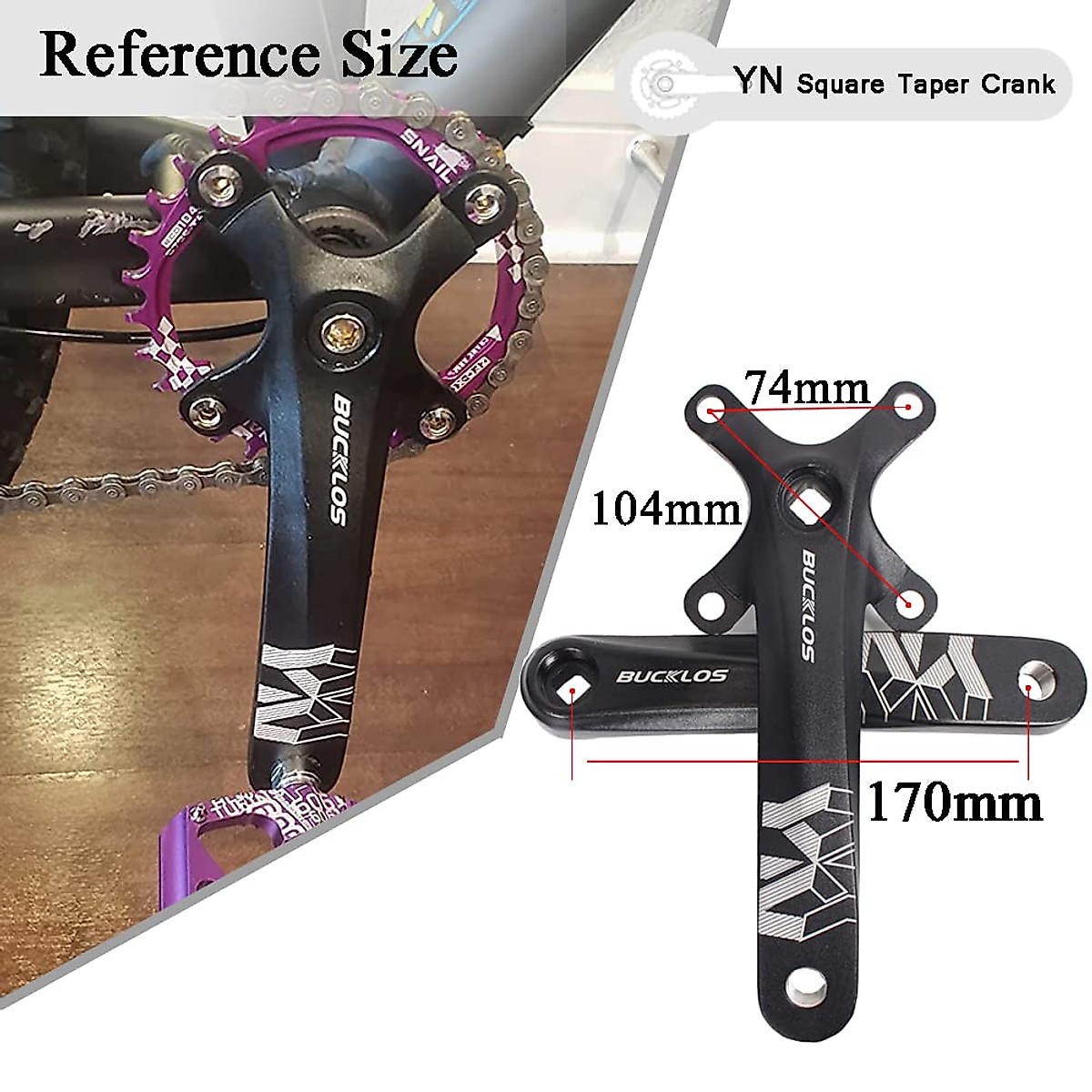 BUCKLOS 104 BCD 30T Mountain Bike Single Speed Crankset，170mm Square Taper Crankset with Narrow Wide Teeth Round Chainring（Six Color）,Bicycle Crank Arm Set