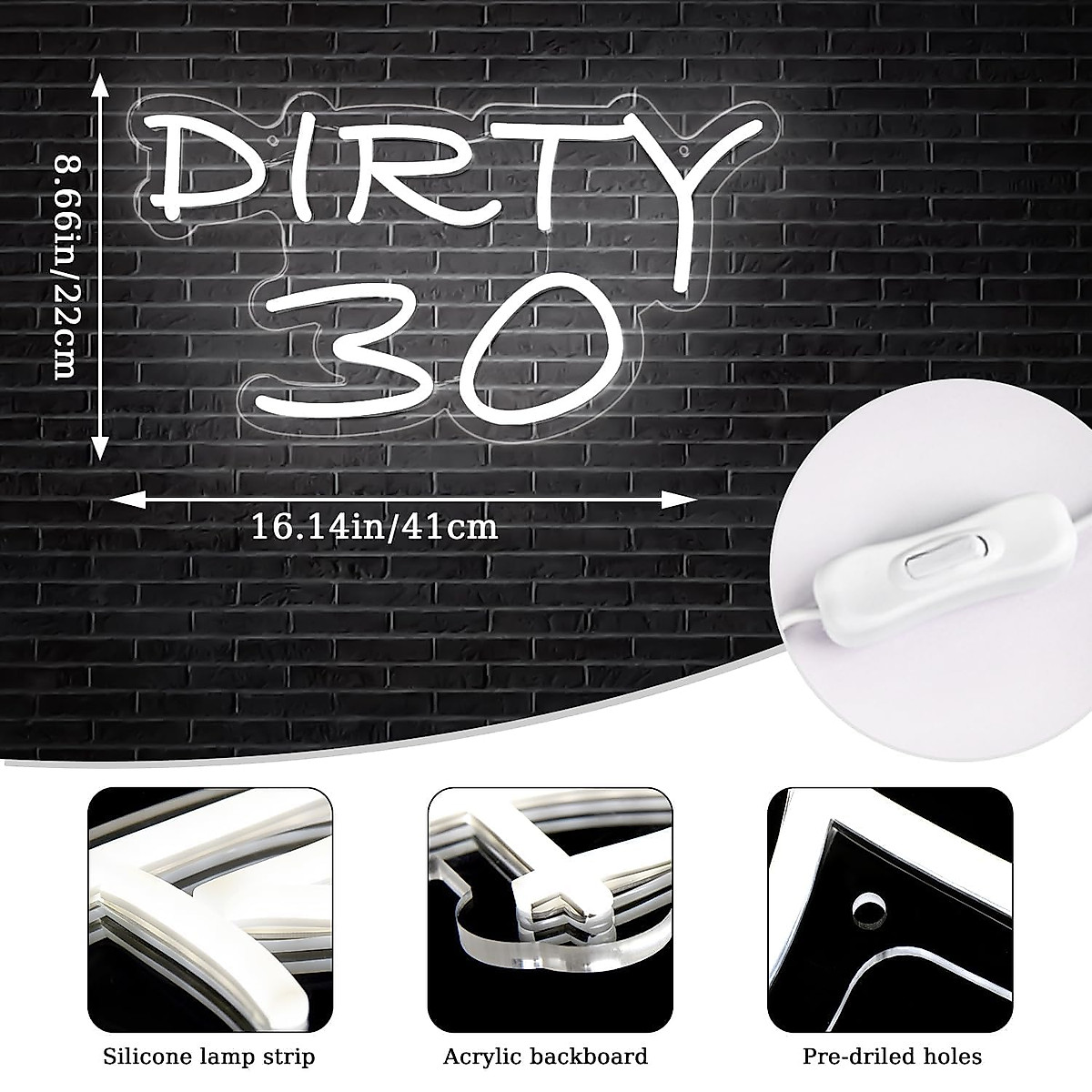 attneon ATTENON Dirty 30 Neon Sign for Wall Decor,Thirty Birthday Led Light with USB Interfece,Dirty 30 Neon Signs for Party,birthday,man cave, 30 light up sign birthday,Size16.1 * 8.7inches (JTD073)