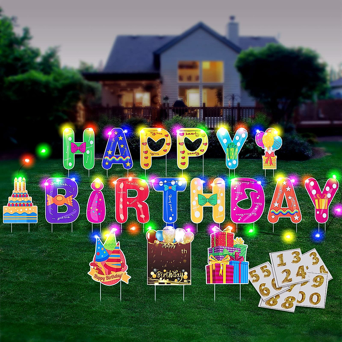 HOMENOTE 18Pcs Happy Birthday Yard Signs with Stakes, 2 x 5m LED Lights and Personalized Signs, 16” Large Size - Birthday Letters Signs for Yard Lawn Outdoor Birthday Decoration Party Supplies