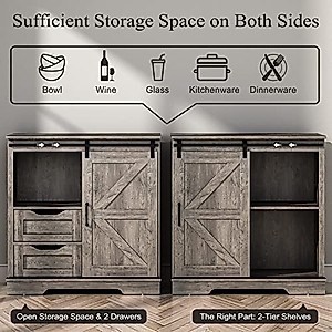 Ahvqevn Farmhouse Coffee Bar Cabinet, 33.64" Coffee Bar Cabinet with 2 Drawers and 3 Open Storage Shelf, Kitchen Hutch Buffet Storage Cabinet Design for Kitchen, Living Room, Entryway, Grey