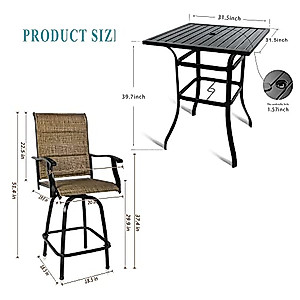 Bigroof 3 Piece Patio Bar Sets, with 2 Outdoor Bar Swivel Stools with High Back & Armrest and 1 Square Table with Umbrella Hole (Set of 3)