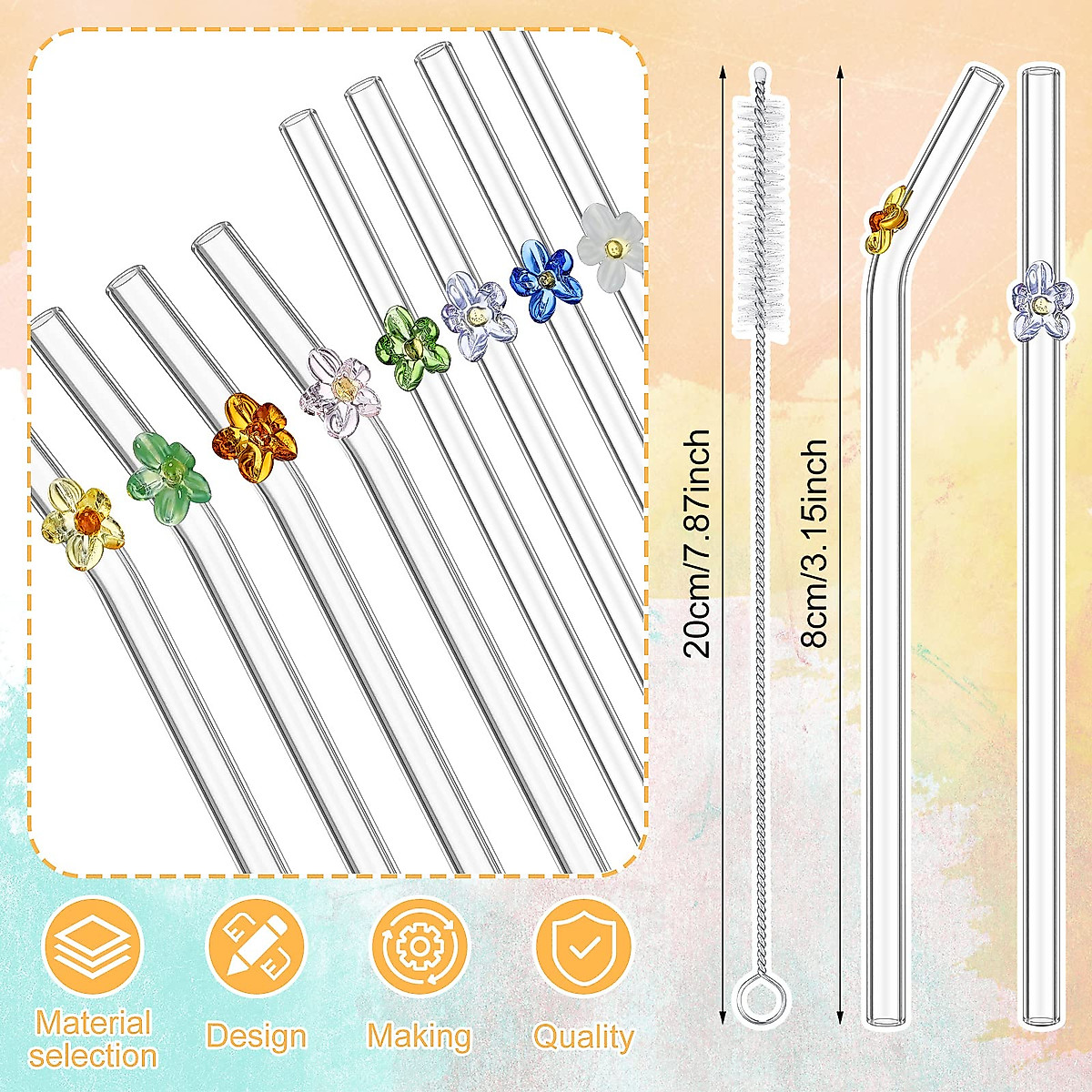 Colorful Flower Shatter Resistant Bend Glass Drinking Straws Smoothie Straws for Milkshakes 7.8 x 3 Inch Glass Straws with Cleaning Brush Clear Reusable Straws Long Glass Straws for Drink (8)