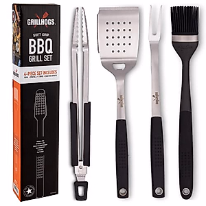 GRILLHOGS Heavy Duty BBQ Grilling Tool Set, Premium Soft Grip Tongs, Spatula with Bottle Opener and Serrated Edge, Barbecue Meat Fork, Stainless Steel Basting Brush, Premium BBQ Utensils Set (4 Piece)