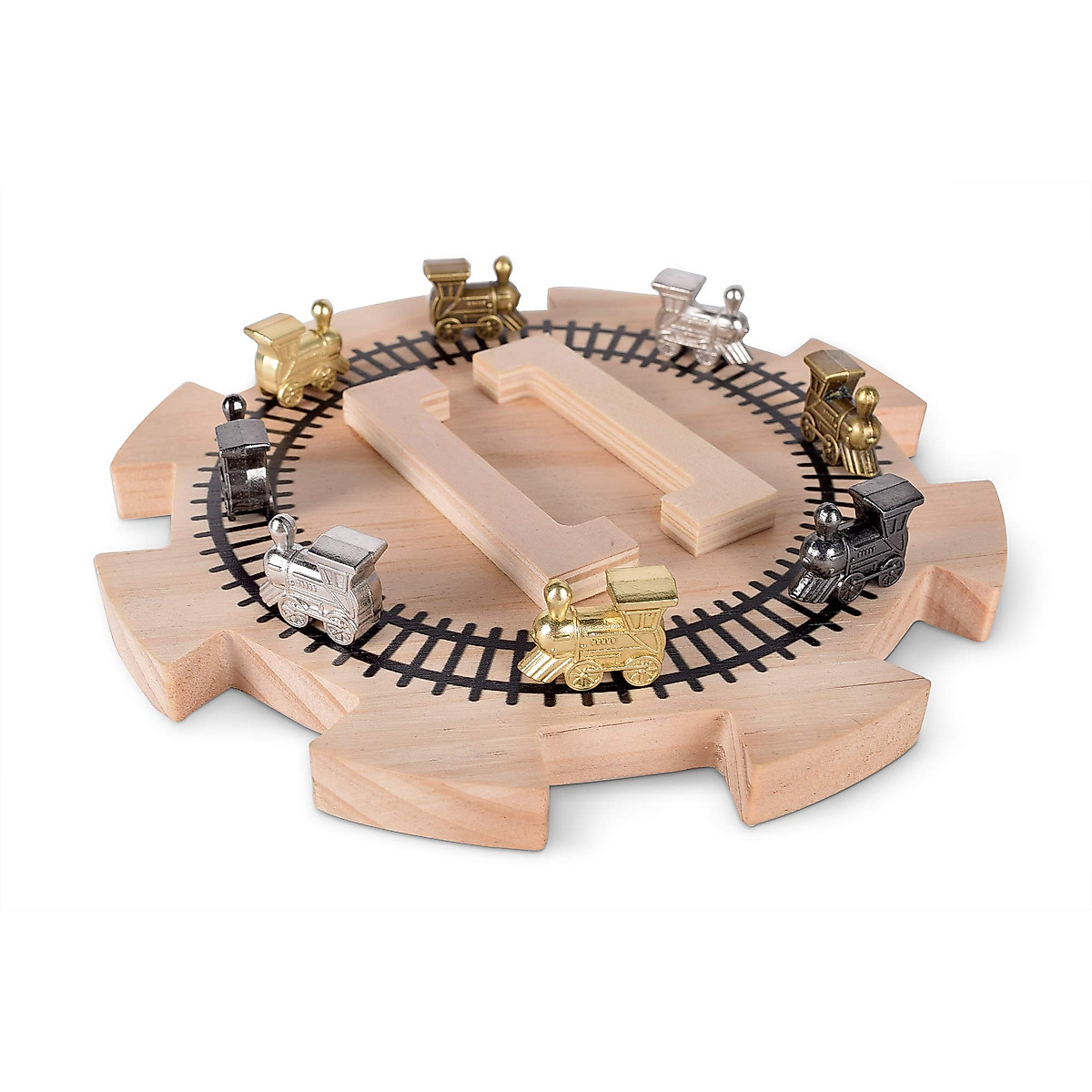 RNK Gaming Wooden Mexican Train Hub with 8 Metal Trains and Score Pad