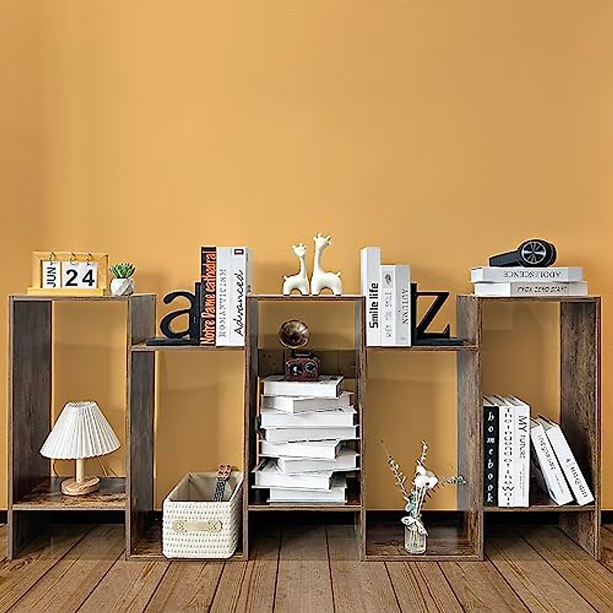 Aroktake 5-Tier Bookshelf, Geometric Bookcase with Anti-Tipping Device, S Shaped Book Shelves, Freestanding Decorative Storage Shelving for Living Room Home Office (Rustic Brown)