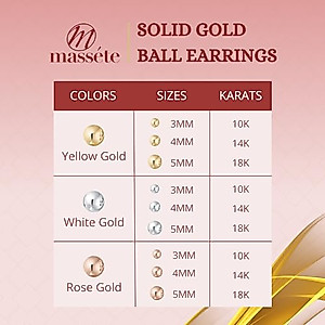 MASSETE Gold Ball Stud Earrings for Women and Girls Screwback | 10k, 14k, 18k | White Yellow or Rose Gold | 3mm 4mm 5mm | Nickel Free