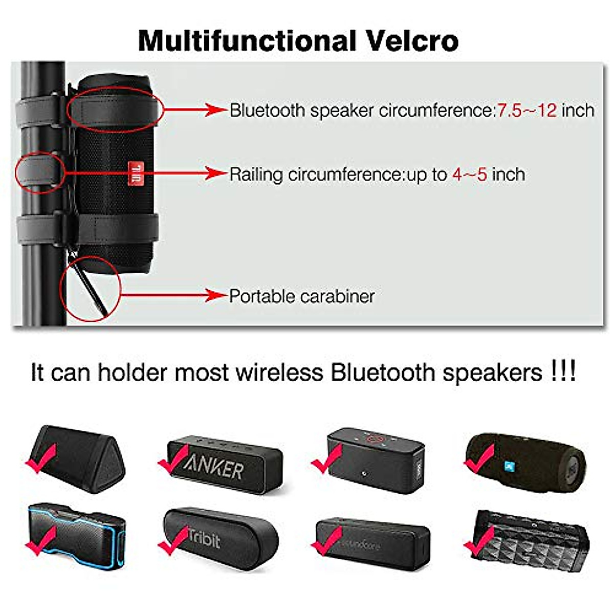 OAONY Portable Speaker Mount for Golf Cart Railing Bike or Boat -Waterproof Outdoor Adjustable Strap for Most Bluetooth Wireless Speakers Attachment Accessory Holder Bar Rail