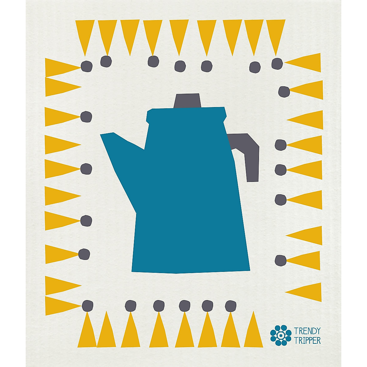 Trendy Tripper Swedish Dishcloths/Sponge Cloths - Anna Kovecses Midcentury Designs - Set of 3 Kettle/Cups/Bowls (Cobalt Blue/Yellow/Orange on Natural)