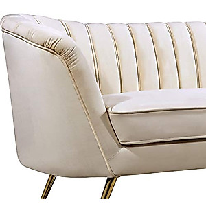 Meridian Furniture Margo Collection Modern | Contemporary Velvet Upholstered Loveseat with Deep Channel Tufting and Rich Gold Stainless Steel Legs, Cream, 65" W x 30" D x 33" H