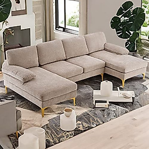 VERYKE U Shape Sectional Sofa Couch,Modern 110'' Chenille Fabric Sectional Couch Sofa, Upholstered Sofa Bed with Golden Metal Legs for Living Room