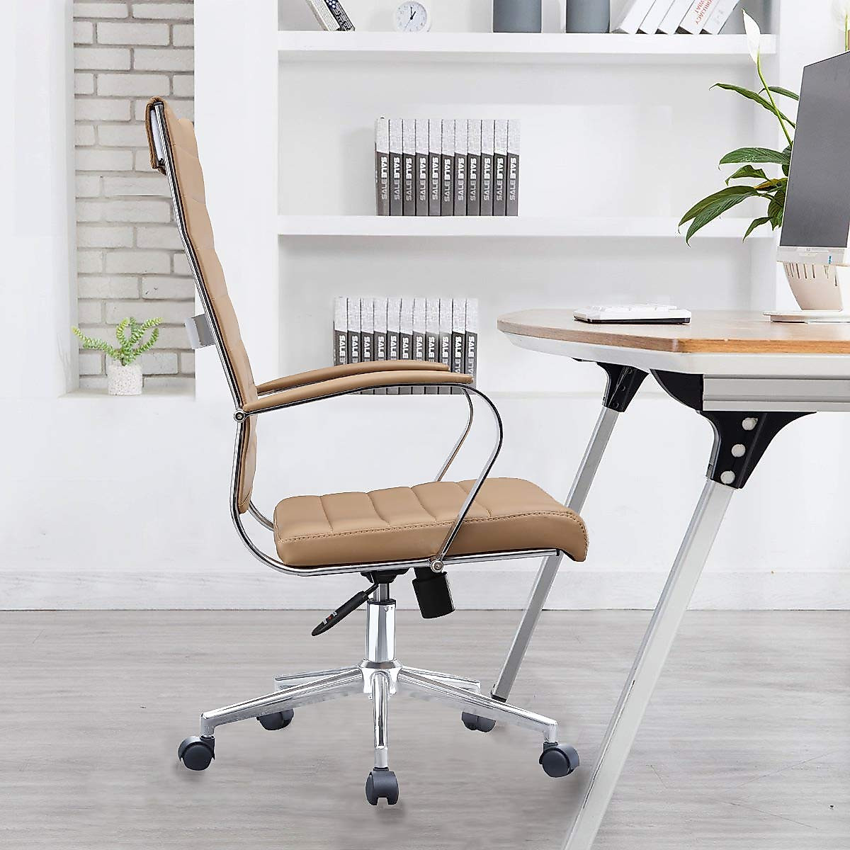 2xhome Contemporary Mid Century Modern High Back Tall Ribbed PU Leather Swivel Tilt Adjustable Chair with Back Swivel Wheels Designer Boss Executive Office Conference Room Work Task Tall Desk Tan