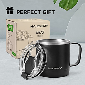 HAUSHOF 14 oz Coffee Mug, Insulated Coffee Mug with Handle, Travel Camping Cup, Portable Stainless Steel Coffee Cup, Insulated Coffee Cups with Lid, Black