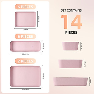 Joyask 14 PCS Desk Drawer Organizer Large Bathroom Drawer Organizers Pink Wheat Straw Vanity Organizers Trays for Drawers 3-Size Makeup Drawer Organizer Fits Makeup Bedroom Kitchen and Office