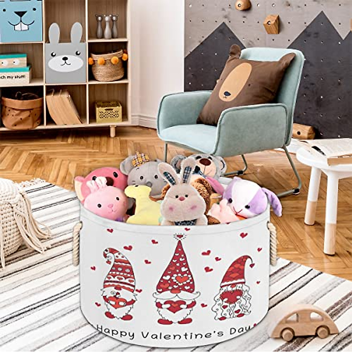 Valentine Cute Gnomes Love Heart (15) Large Round Baskets for Storage Laundry Baskets with Handles Blanket Storage Basket for Bathroom Shelves Bins for Organizing Nursery Hamper Girl Boy