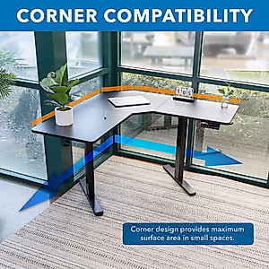 Mount-It! Electric Height Adjustable Corner Stand Up Desk, Black Steel Frame L-Shaped Standing Workstation for Corners, Automatic Sit Stand Desk, Smoothly Raises from 28.3" to 47.2", Home Office