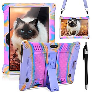 DETUOSI Case for YELLYOUTH 10.1 Tablet, Soft Silicone Lightweight Case Compatible with Dragon Touch Notepad K10, ZONKO 10.1, Beyond Tab 10.1, with Stylus Pen and Shoulder Strap, Rose Red & Purple