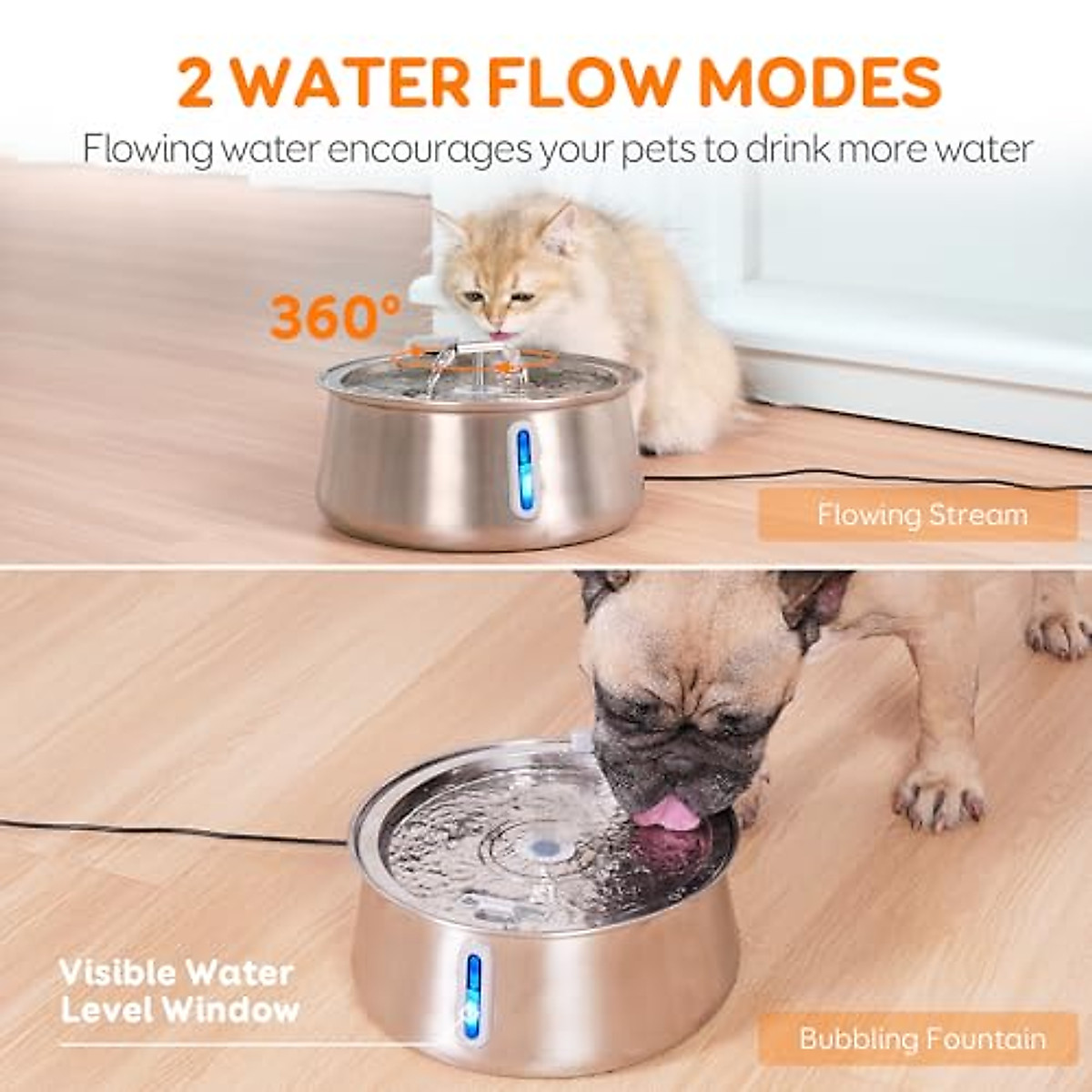 Pawque Stainless Steel Cat Water Fountain Inside, 4.0L/1.05Gal Automatic Pet Fountain Dog Water Bowl with Water Level Window & Ultra-Quiet Pump for Multiple Cats Small Medium Dogs Pets