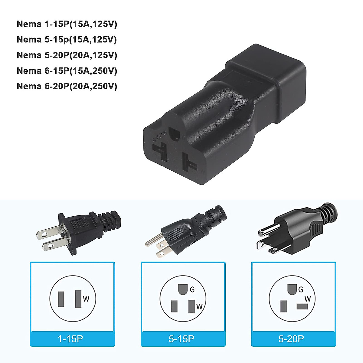 QIUCABLE IEC to NEMA Adapter,5-15R to C20,5-20R to C20,6-15R to C20,6-20R to C20;IEC 320 C20 Male to 4-in-1 Nema 5-15R/20R 6-15R/20R Female,T Blade Plug Adapter,Power Converters Comb Adapter(2-Pack)