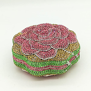 Boutique De FGG Rose Flower Crystal Clutch Women Evening Bags Formal Party Rhinestone Handbag Wedding Bridal Purse (Mini,Pink&Green)