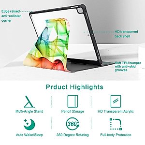 Rotating Case for iPad 9th/8th/7th Generation, Case for iPad Air 3rd, Case for iPad Pro 10.5 inch, 360 Degree Rotating Multi-Angle View Stand Cover Pencil Holder Auto Wake/Sleep, Colorful Smoke