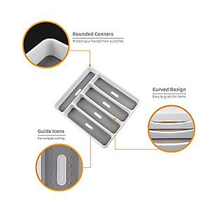 LeMuna Silverware Tray for Drawer, Plastic Cutlery Tray Kitchen Drawer Organizer, 5 Compartment Flatware Cutlery Organizer, Soft-Grip Lining and Non-Slip Rubber Feet