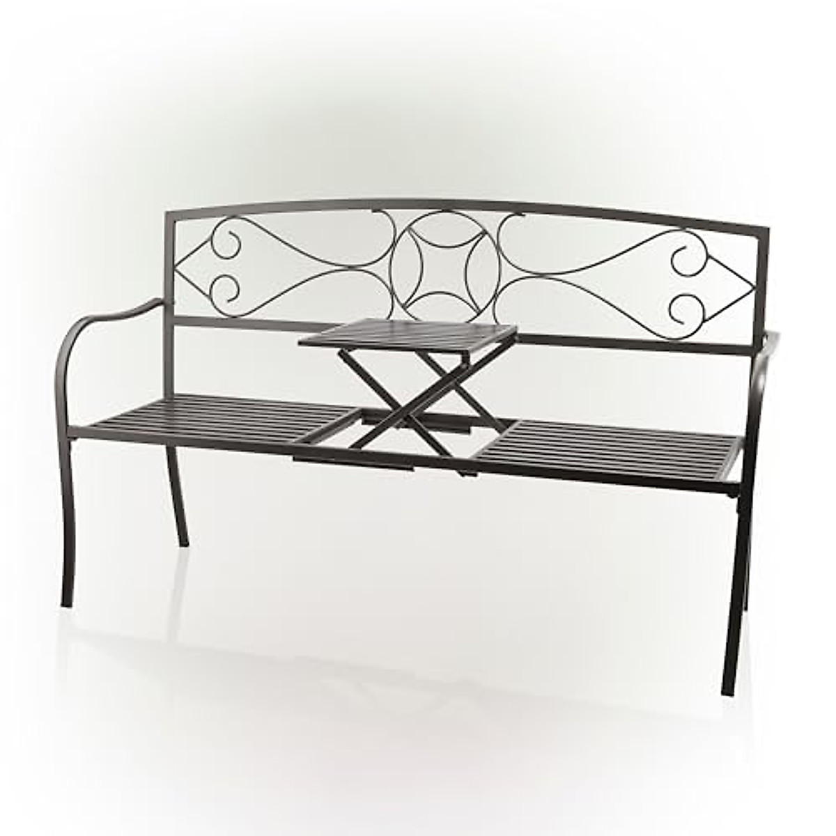Alpine Corporation Alpine Metal Garden Outdoor Bench with Retractable Table VTFAM114, Black