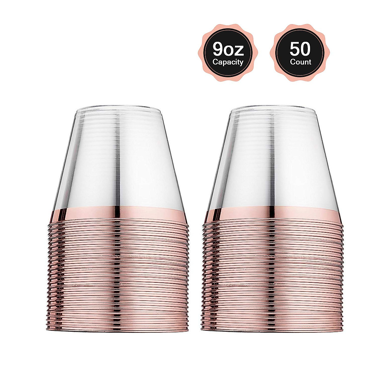 KARRAHOME 50 Rose Gold Cups 9 Oz Rose Gold Plastic Cups Fancy Disposable Wedding Cups Elegant Party Cups with Rose Gold Rim Flexible Party Wedding Rose Gold Plastic Tumblers