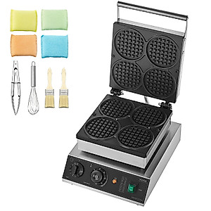 VEVOR Commercial Waffle Maker, 4PCS Round Waffle Baker Machine,1750W Non-Stick Stainless Steel Belgian Waffle Iron with Temperature and Time Control, for Restaurant Bakery Snack Bar Family