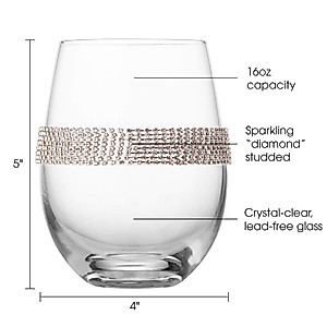 Cheer Collection Berkware Set of 6 Luxurious Stemless Wine Glasses with Sparkling Diamond Studded Design (Silver)