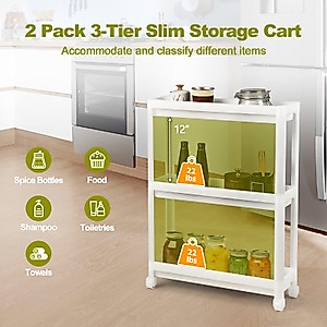S AFSTAR 3 Tier Rolling Utility Cart Set of 2, Slide Out Mobile Utility Cart for Small Space, Free Combination-Easy Assembly Shelving Unit, 2-Pack 3-Tier Slim Storage Cart for Bathroom Laundry Room