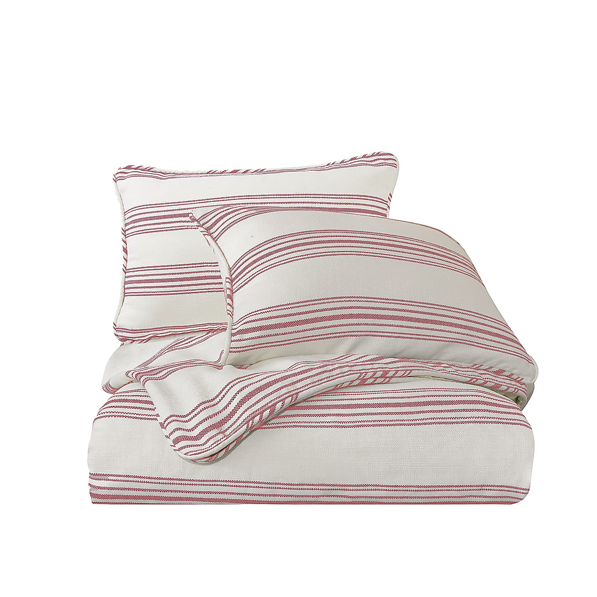 HiEnd Accents Prescott Farmhouse Bedding, 3 Piece Super Queen Size Striped Duvet Cover Set with Pillow Shams, Ivory Red Ticking Stripes Pattern Comforter Cover, Chic Casual Coastal Boho Style Bed Set