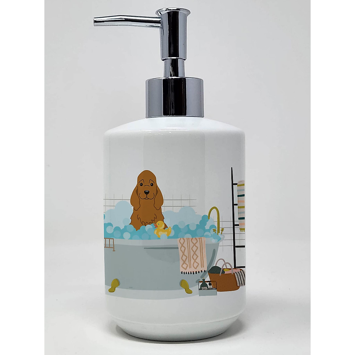 Caroline's Treasures WDK5792SOAP Red Cocker Spaniel in Bathtub Ceramic Soap Dispenser Hand Soap Dispenser Pump Bottles for Bathroom Kitchen, Empty Refillable Liquid Soap Container