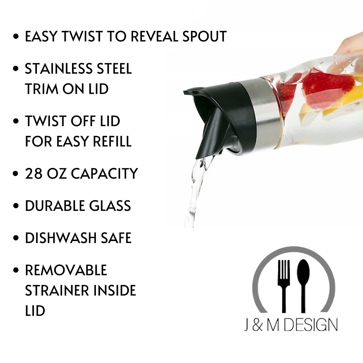 J&M DESIGN 28 OZ Glass Pitcher With Lid Water Carafe Easy Twist Stainless Steel & Plastic Lid Removeable Strainer For Juice Beverage drinks Iced Coffee Milk Container Bottle Jar Mimosa Bar Supplies