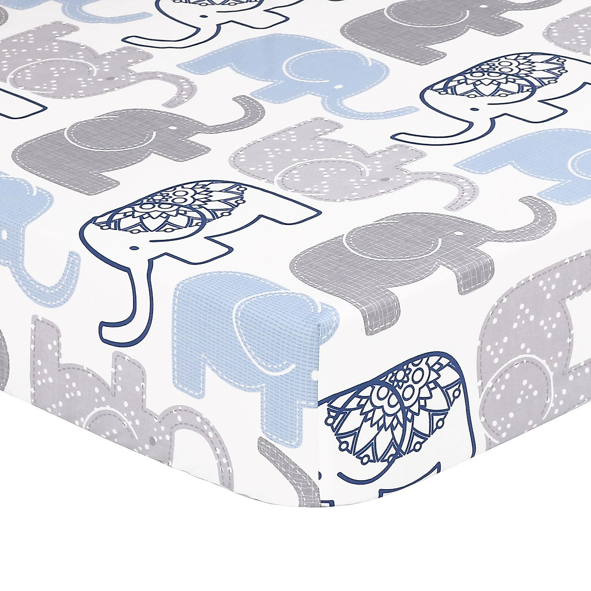 Grey, Navy Blue Elephant Print Fitted Crib Sheet - 100% Cotton Baby Boy Jungle Animal Theme Nursery and Toddler Bedding