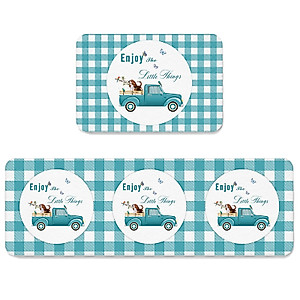 2 Pieces Kitchen Mats Floor Area Rug Set Farmhouse Teal Truck Cute Dog Non-Slip Doormat, Indoor Water Absorbent Standing Runner Rugs for Home Decor Spring Flower Butterfly Aqua Plaid
