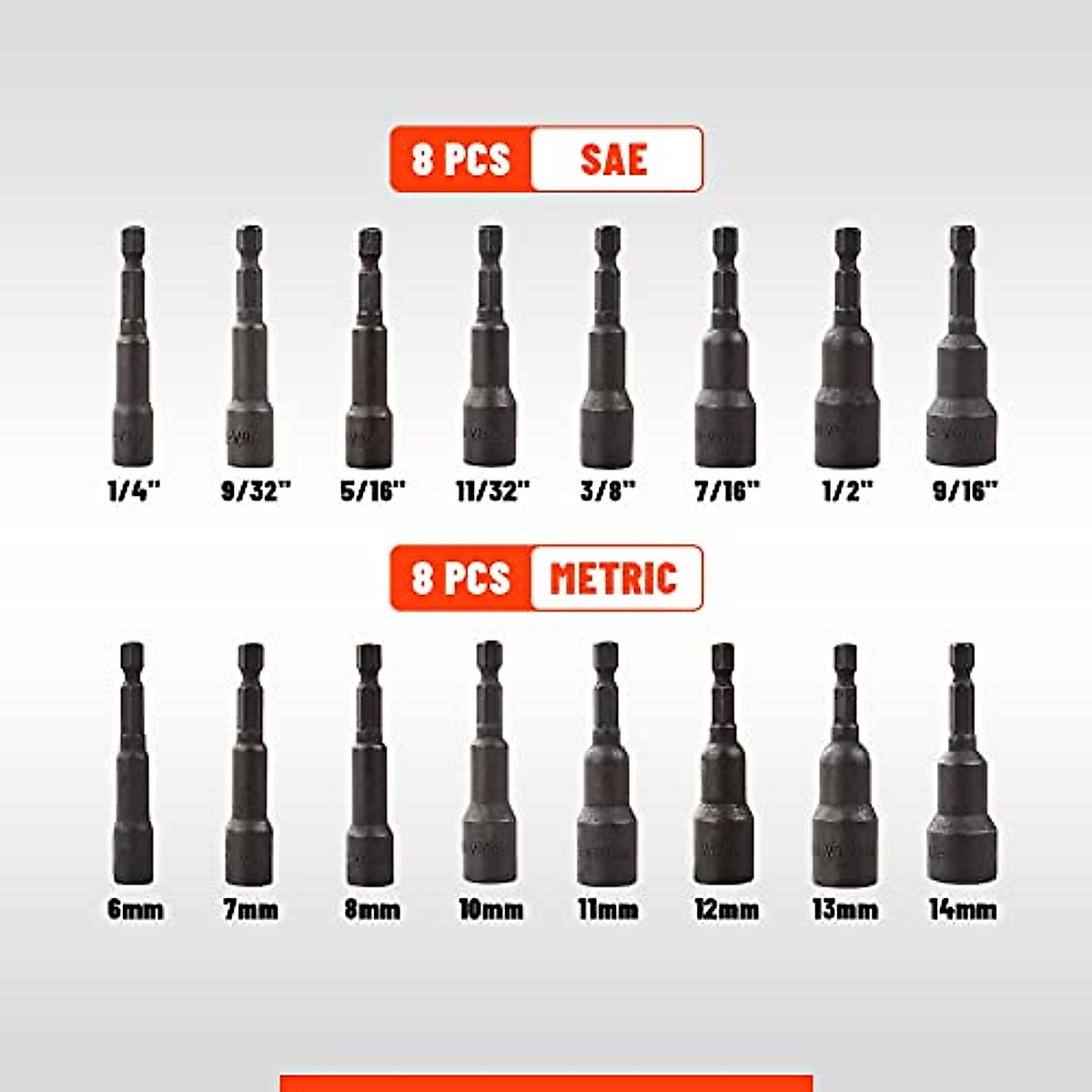 SENNMONN 16-Piece Magnetic Hex Nut Driver Set, Quick-Change 1/4" Hex Shank, Metric and SAE, Cr-V Steel, Nut Driver Set for Impact Drill