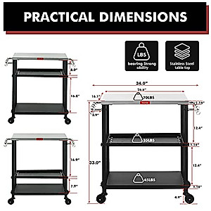 Feasto Rolling 3-Tier Adjustable Outdoor Pizza Oven Table and Food Prep Cart Table, Home and Outdoor Multifunctional Stainless Steel Table Top Worktable on Four Wheels, L34’’x W16.1’’x H33’’