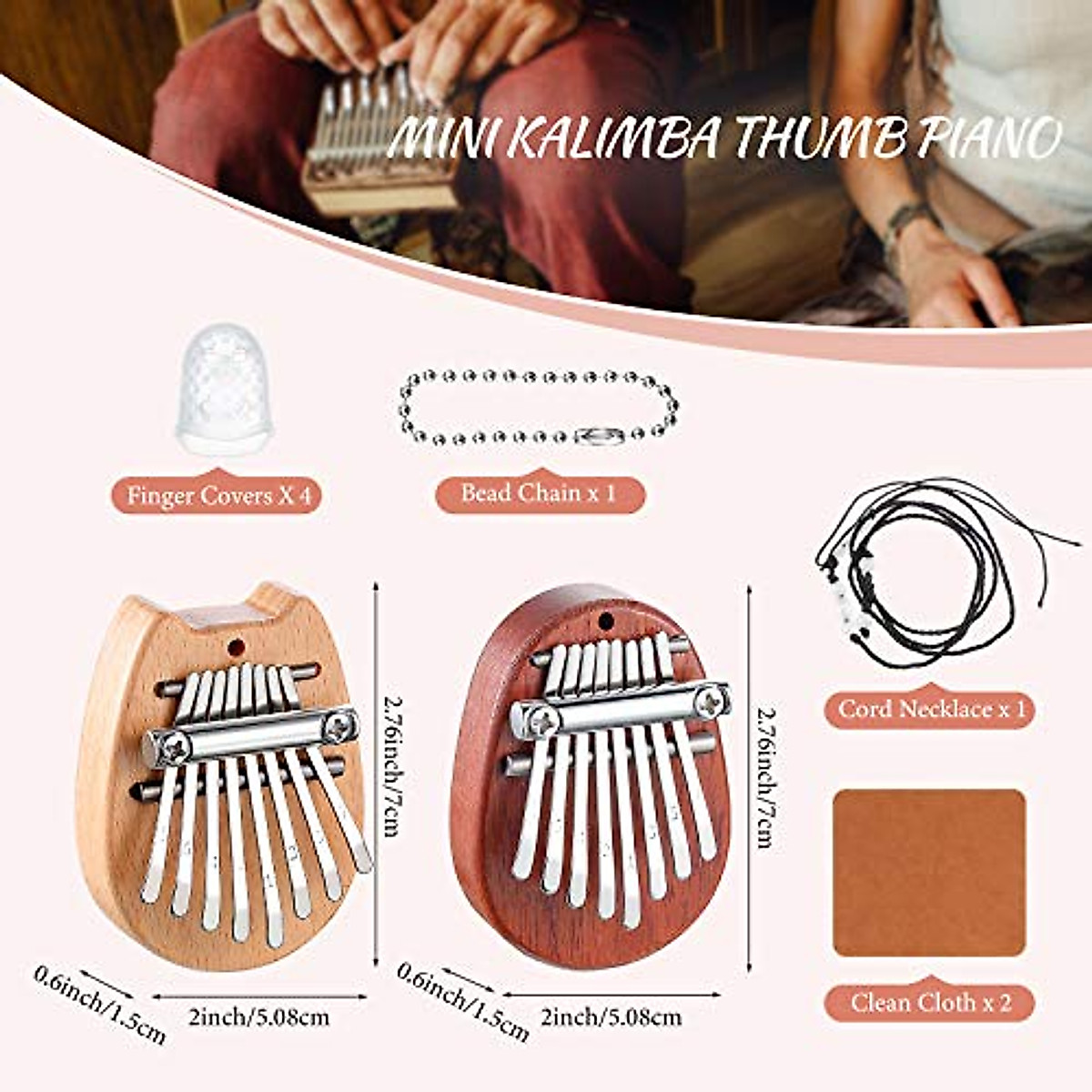 eBoot 10 Pieces 8 Keys Mini Piano Set Include Finger Thumb Piano with Lanyard Chain, Finger Protector and Cleaning Cloth Christmas Gift for Kids Adults Beginners(Oval, Cat Shaped, Wood)