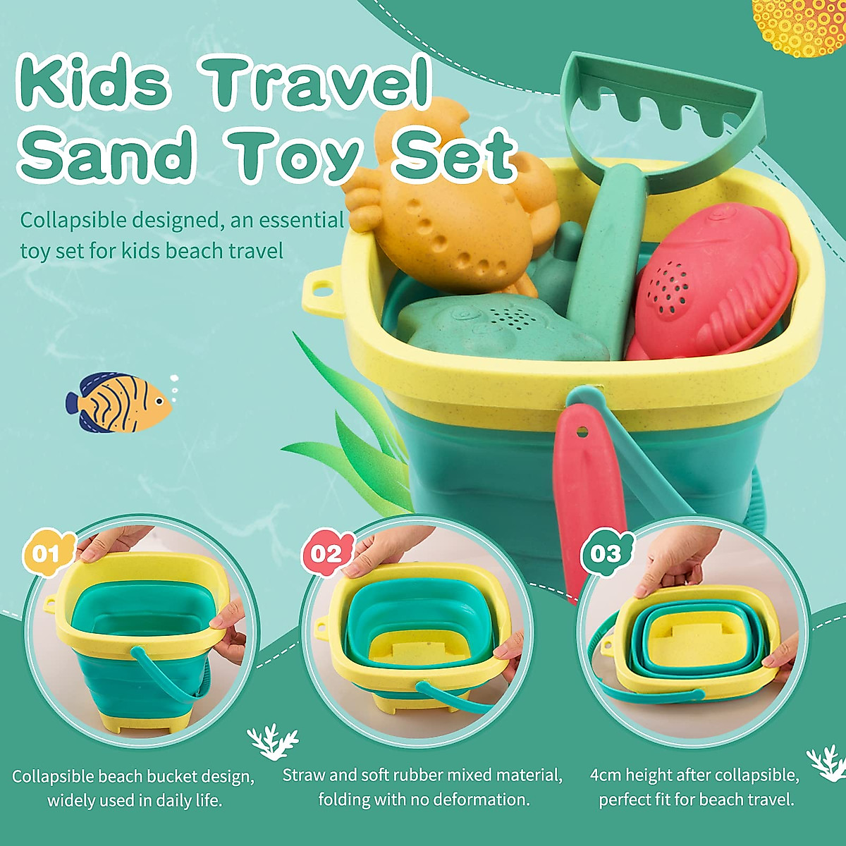Beach Toys for Kids - Sand Toys Set Includes Collapsible Sand Bucket Shovel and Sand Rake Toys for Beach 12 PCS, Sandbox Toys Sandcastle Building Kit with Waterproof Net (A)
